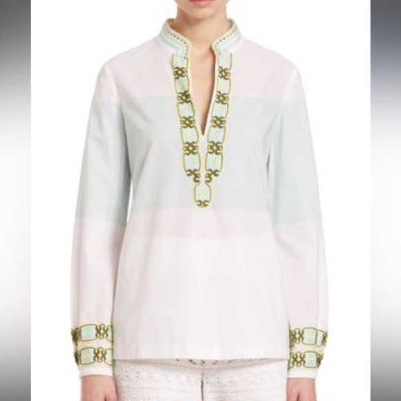 Tory Burch | Tops | Tory Burch Sylvia Isla Collins Stripe Embroidered ...